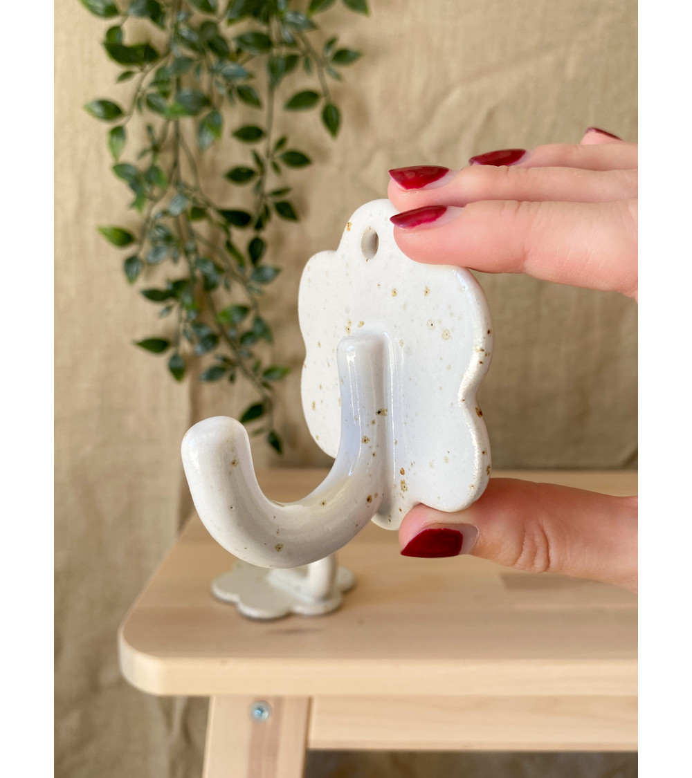 Handmade ceramic white speckled flower hook